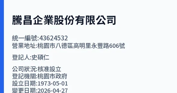 騰昌企業股份有限公司的照片-統編 43624532(桃園市) 公司登記資料與營業項目詳細圖表