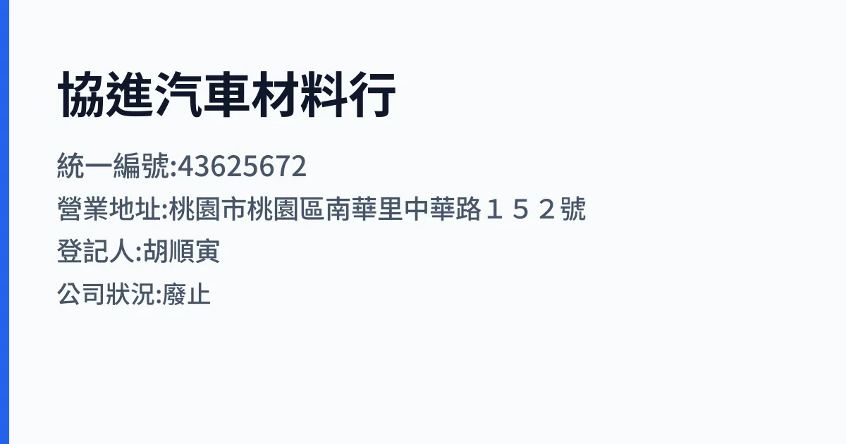 協進汽車材料行 - 統編 43625672(桃園市) 公司登記資料與營業項目詳細圖表