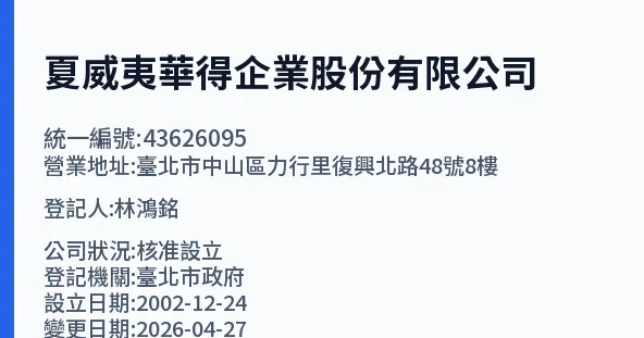 夏威夷華得企業股份有限公司的照片-統編 43626095(臺北市) 公司登記資料與營業項目詳細圖表