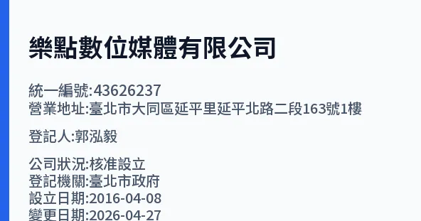 樂點數位媒體有限公司的照片-統編 43626237(臺北市) 公司登記資料與營業項目詳細圖表