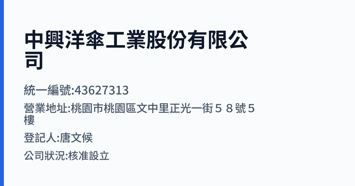 中興洋傘工業股份有限公司 - 統編 43627313(桃園市) 公司登記資料與營業項目詳細圖表