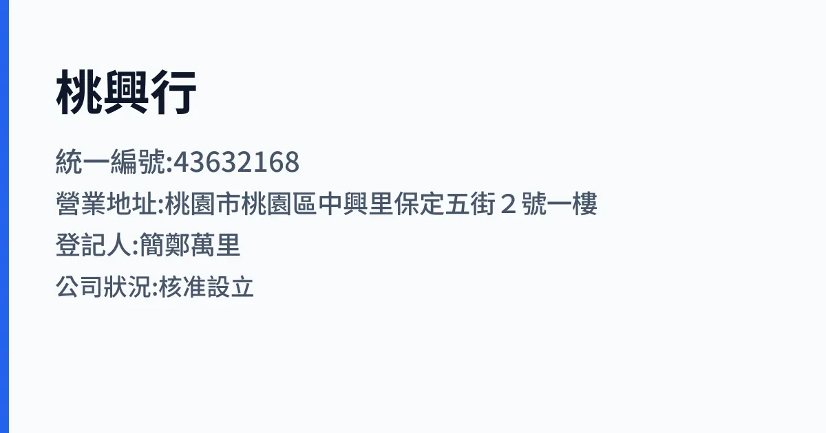 桃興行 - 統編 43632168(桃園市) 公司登記資料與營業項目詳細圖表
