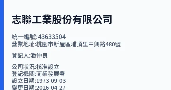 志聯工業股份有限公司的照片-統編 43633504(桃園市) 公司登記資料與營業項目詳細圖表