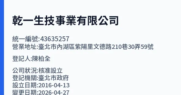 乾一生技事業有限公司的照片-統編 43635257(臺北市) 公司登記資料與營業項目詳細圖表