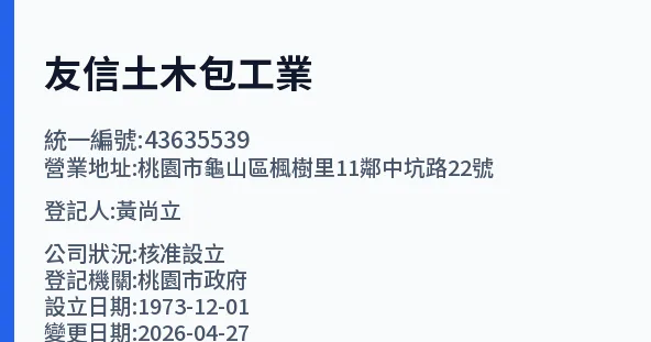 友信土木包工業的照片-統編 43635539(桃園市) 公司登記資料與營業項目詳細圖表