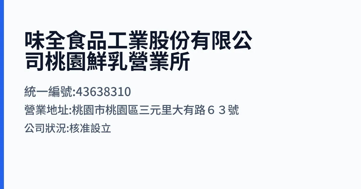 味全食品工業股份有限公司桃園鮮乳營業所 - 統編 43638310(桃園市) 公司登記資料與營業項目詳細圖表