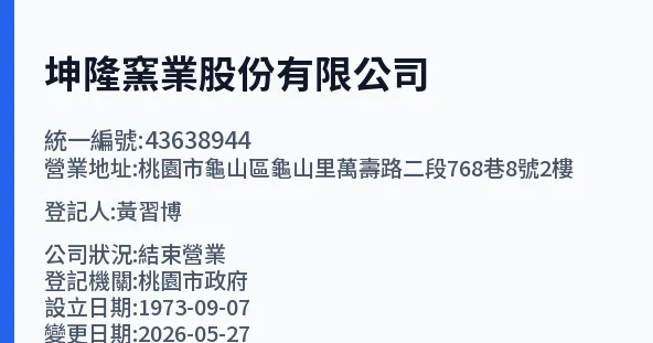 坤隆窯業股份有限公司的照片-統編 43638944(桃園市) 公司登記資料與營業項目詳細圖表