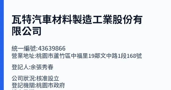 瓦特汽車材料製造工業股份有限公司的照片-統編 43639866(桃園市) 公司登記資料與營業項目詳細圖表
