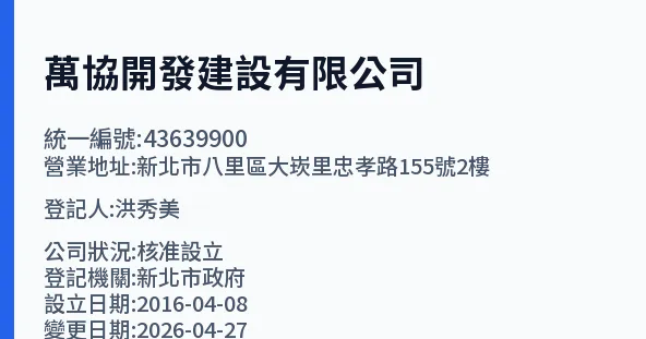 萬協開發建設有限公司的照片-統編 43639900(新北市) 公司登記資料與營業項目詳細圖表