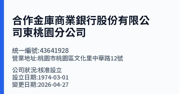合作金庫商業銀行股份有限公司東桃園分公司的照片-統編 43641928(桃園市) 公司登記資料與營業項目詳細圖表