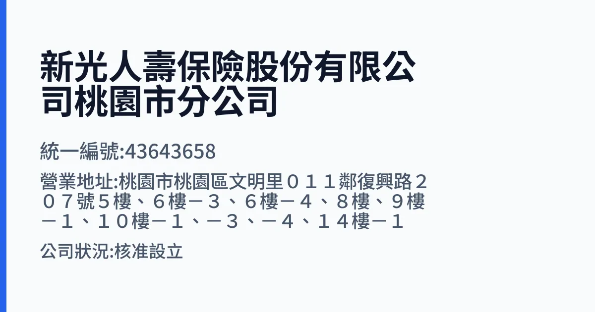 新光人壽保險股份有限公司桃園市分公司 - 統編 43643658(桃園市) 公司登記資料與營業項目詳細圖表