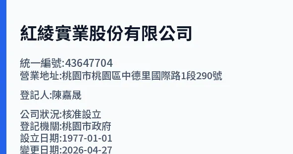 紅綾實業股份有限公司的照片-統編 43647704(桃園市) 公司登記資料與營業項目詳細圖表