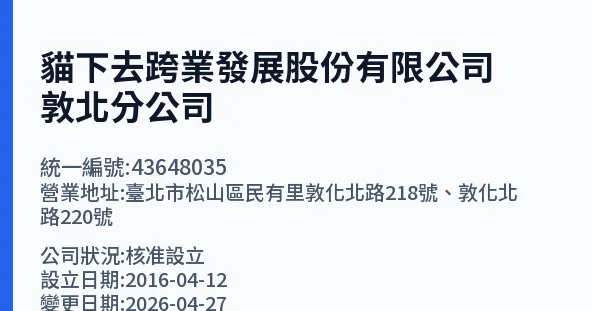 貓下去跨業發展股份有限公司敦北分公司的照片-統編 43648035(臺北市) 公司登記資料與營業項目詳細圖表