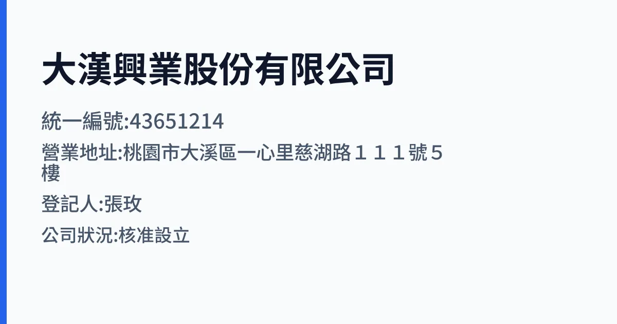 大漢興業股份有限公司 - 統編 43651214(桃園市) 公司登記資料與營業項目詳細圖表