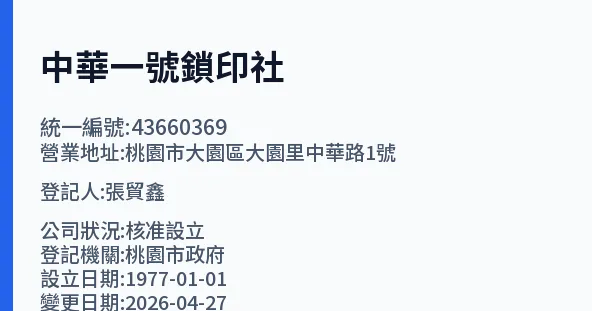 中華一號鎖印社的照片-統編 43660369(桃園市) 公司登記資料與營業項目詳細圖表