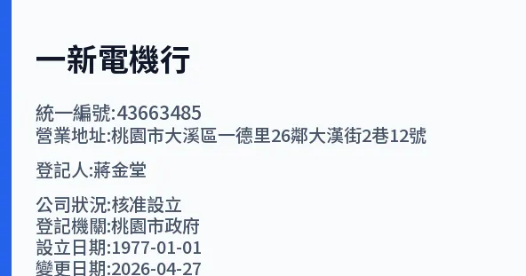 一新電機行的照片-統編 43663485(桃園市) 公司登記資料與營業項目詳細圖表