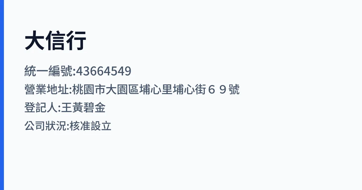 大信行 - 統編 43664549 (桃園市) 公司登記資料與營業項目詳細圖表