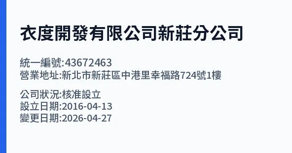 衣度開發有限公司新莊分公司的照片-統編 43672463(新北市) 公司登記資料與營業項目詳細圖表