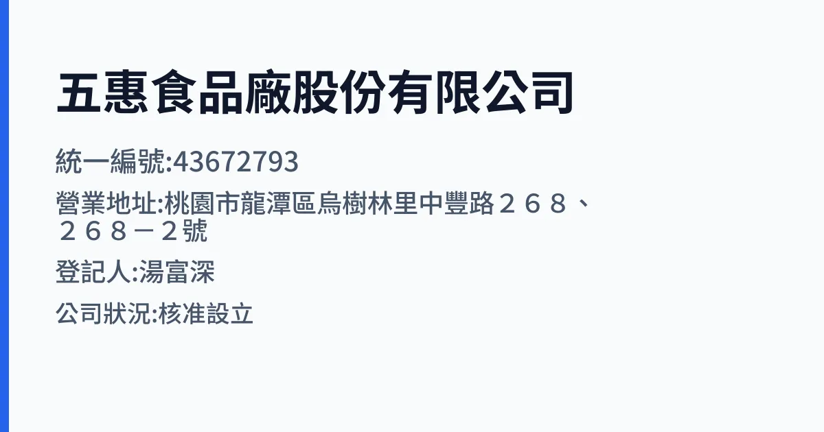 五惠食品廠股份有限公司 - 統編 43672793(桃園市) 公司登記資料與營業項目詳細圖表