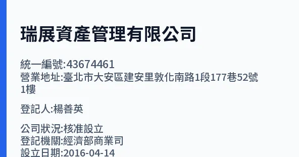 瑞展資產管理有限公司的照片-統編 43674461(臺北市) 公司登記資料與營業項目詳細圖表