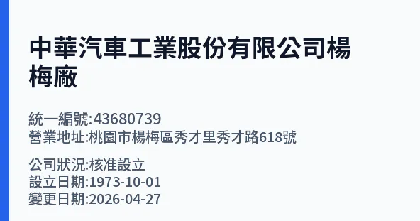 中華汽車工業股份有限公司楊梅廠的照片-統編 43680739(桃園市) 公司登記資料與營業項目詳細圖表