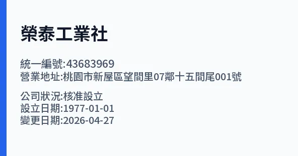 榮泰工業社的照片-統編 43683969(桃園市) 公司登記資料與營業項目詳細圖表