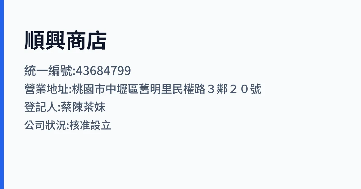 順興商店 - 統編 43684799(桃園市) 公司登記資料與營業項目詳細圖表