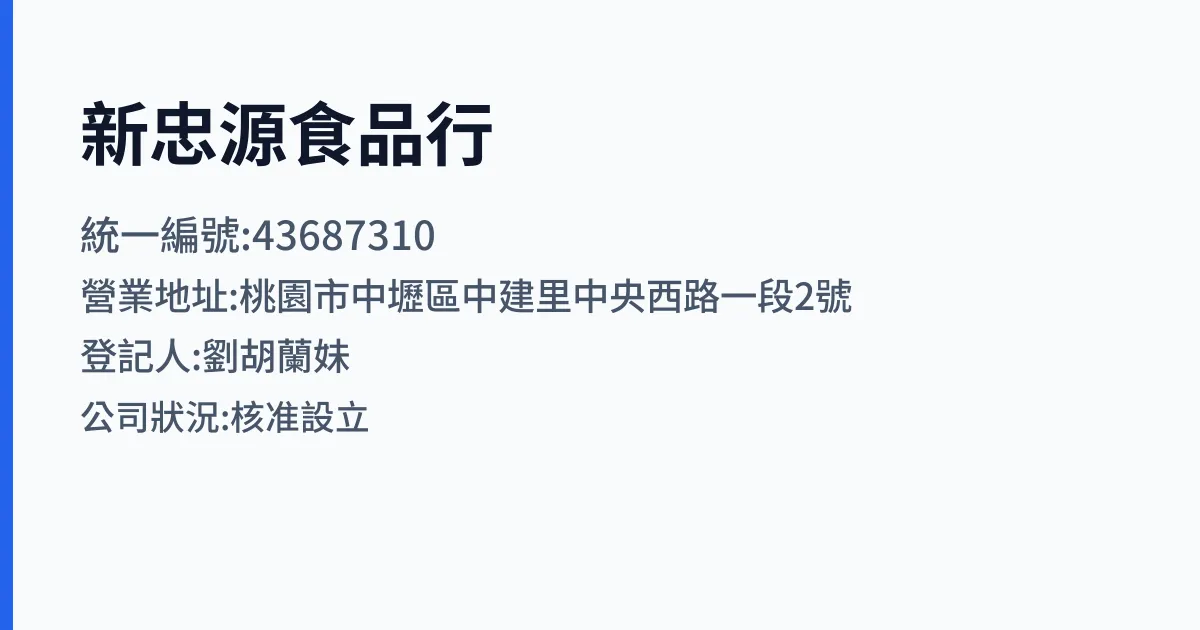 新忠源食品行 - 統編 43687310(桃園市) 公司登記資料與營業項目詳細圖表