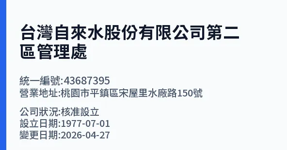 台灣自來水股份有限公司第二區管理處的照片-統編 43687395(桃園市) 公司登記資料與營業項目詳細圖表