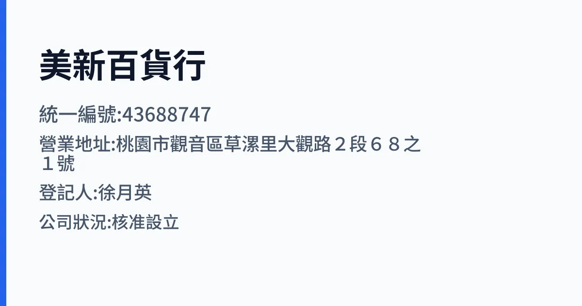 美新百貨行 - 統編 43688747(桃園市) 公司登記資料與營業項目詳細圖表