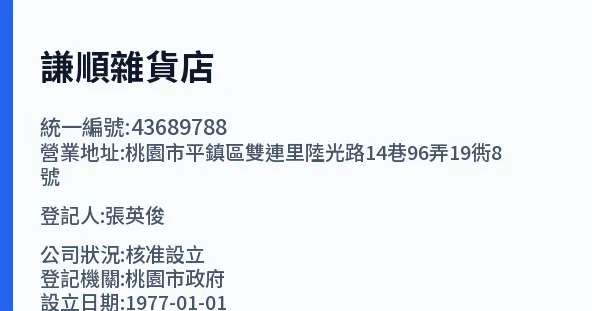謙順雜貨店的照片-統編 43689788(桃園市) 公司登記資料與營業項目詳細圖表