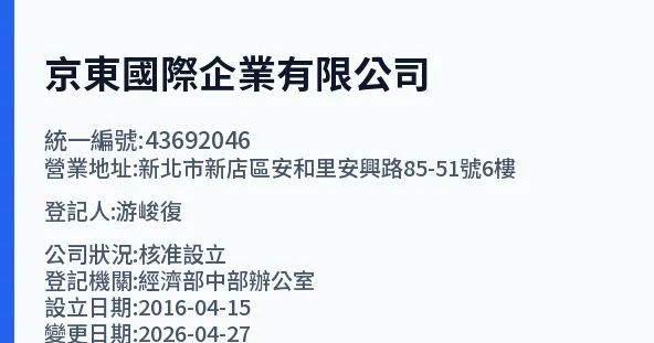 京東國際企業有限公司的照片-統編 43692046(新北市) 公司登記資料與營業項目詳細圖表