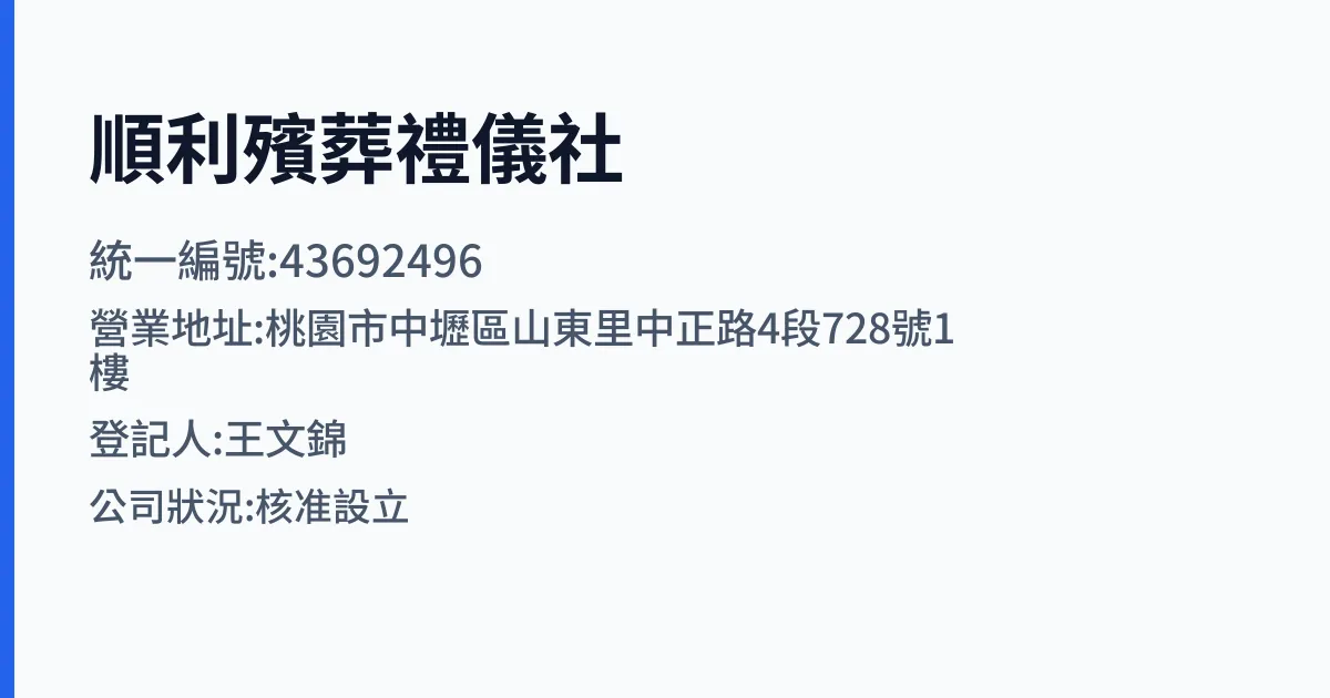 順利殯葬禮儀社 - 統編 43692496(桃園市) 公司登記資料與營業項目詳細圖表