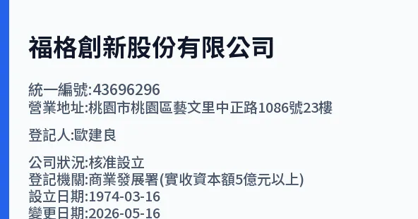 福格創新股份有限公司的照片-統編 43696296(桃園市) 公司登記資料與營業項目詳細圖表