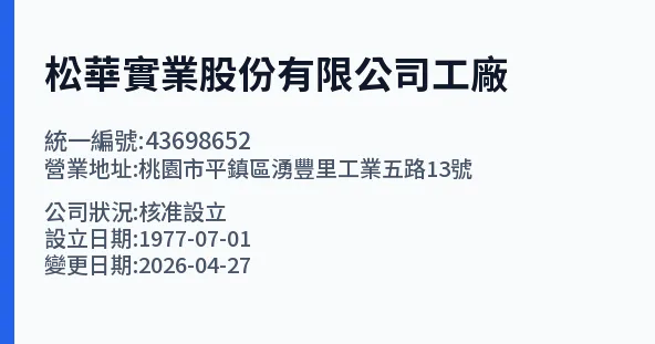 松華實業股份有限公司工廠的照片-統編 43698652(桃園市) 公司登記資料與營業項目詳細圖表