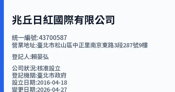 兆丘日紅國際有限公司的照片-統編 43700587(臺北市) 公司登記資料與營業項目詳細圖表