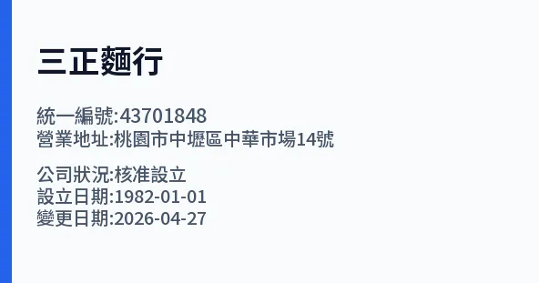三正麵行的照片-統編 43701848(桃園市) 公司登記資料與營業項目詳細圖表