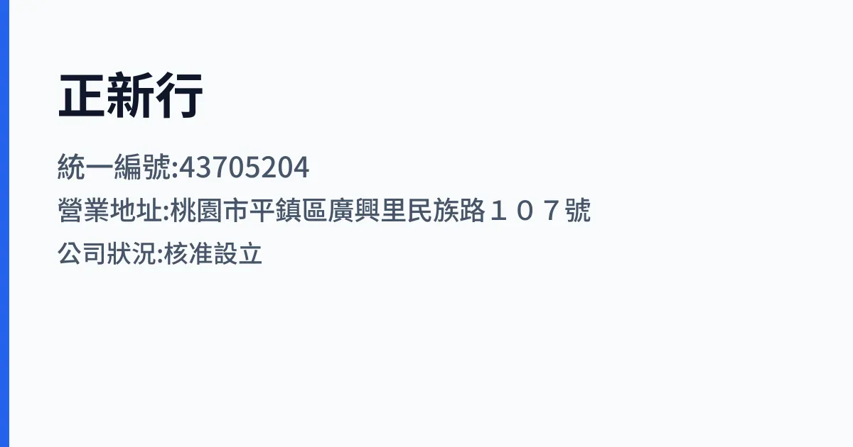 正新行 - 統編 43705204(桃園市) 公司登記資料與營業項目詳細圖表