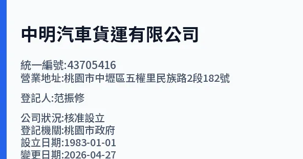 中明汽車貨運有限公司的照片-統編 43705416(桃園市) 公司登記資料與營業項目詳細圖表