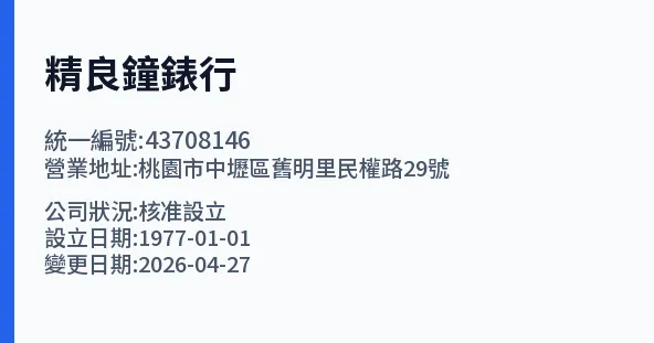 精良鐘錶行的照片-統編 43708146(桃園市) 公司登記資料與營業項目詳細圖表