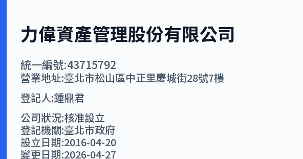 力偉資產管理股份有限公司的照片-統編 43715792(臺北市) 公司登記資料與營業項目詳細圖表