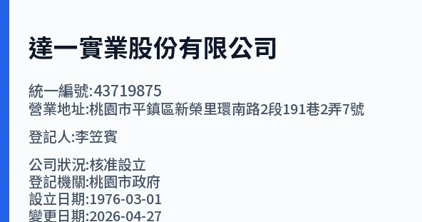 達一實業股份有限公司的照片-統編 43719875(桃園市) 公司登記資料與營業項目詳細圖表