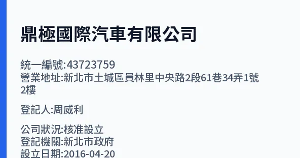 鼎極國際汽車有限公司的照片-統編 43723759(新北市) 公司登記資料與營業項目詳細圖表