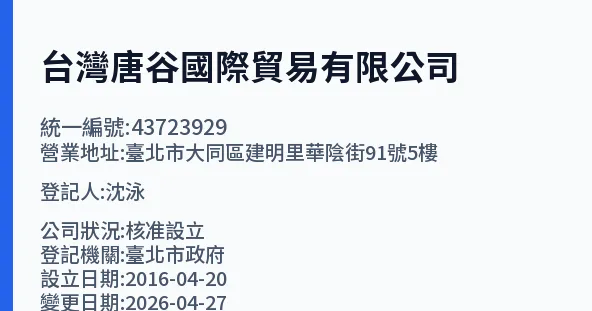 台灣唐谷國際貿易有限公司的照片-統編 43723929(臺北市) 公司登記資料與營業項目詳細圖表