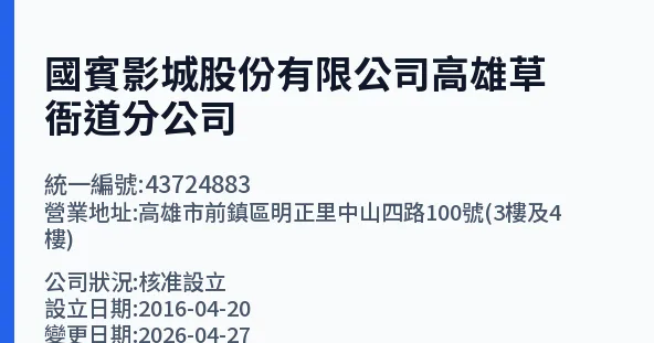國賓影城股份有限公司高雄草衙道分公司的照片-統編 43724883(高雄市) 公司登記資料與營業項目詳細圖表