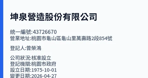 坤泉營造股份有限公司的照片-統編 43726670(桃園市) 公司登記資料與營業項目詳細圖表