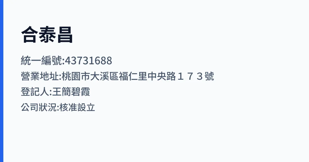 合泰昌 - 統編 43731688（桃園市） 公司登記資料與營業項目詳細圖表