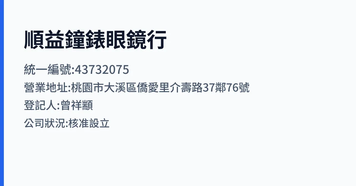 順益鐘錶眼鏡行 - 統編 43732075(桃園市) 公司登記資料與營業項目詳細圖表