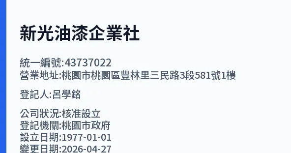 新光油漆企業社的照片-統編 43737022(桃園市) 公司登記資料與營業項目詳細圖表