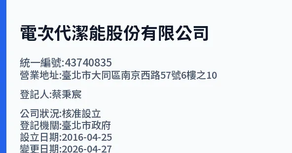 電次代潔能股份有限公司的照片-統編 43740835(臺北市) 公司登記資料與營業項目詳細圖表